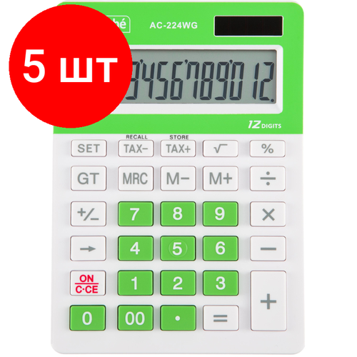 Комплект 5 штук, Калькулятор настольный Attache, AС-224WG,12р, двойное питание, бело-зеленый