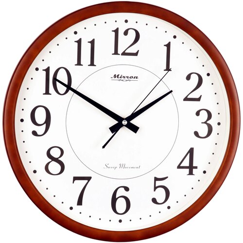 Настенные кварцевые часы MIRRON P3110A ВДБ/Большие круглые часы/38 см/Часы в комнату, спальню/Коричневый цвет корпуса/Белый (светлый) циферблат/Бесшумный плавный механизм