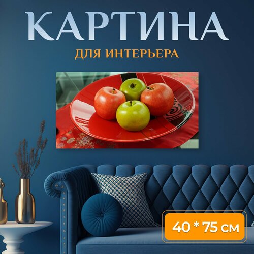 Картина на холсте "Яблоки, вощеные фрукты, украшение" на подрамнике 75х40 см. для интерьера