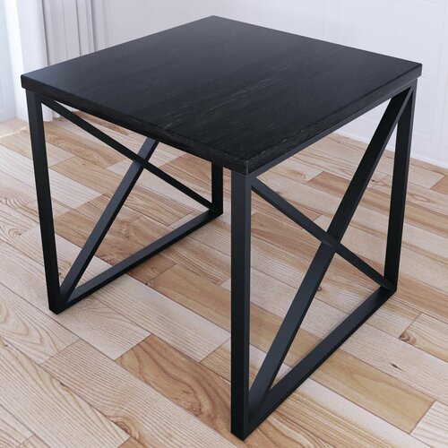 Стол кухонный Loft с квадратной столешницей цвета черного оникса из массива сосны 40 мм и черными металлическими крестообразными ножками, 70x70х75 см
