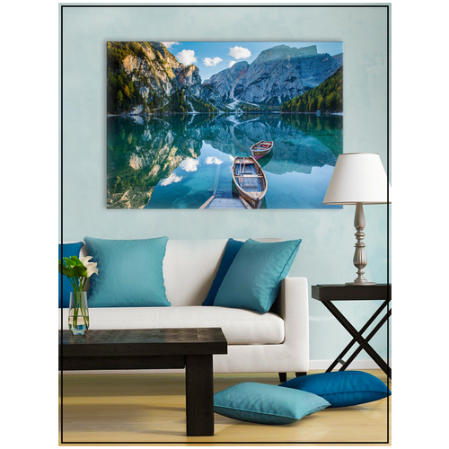 Картина для интерьера на натуральном хлопковом холсте "Озеро в Горах", 55*77см, холст на подрамнике, картина в подарок для дома
