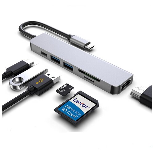 Хаб USB-концентратор 6-в-1 (HDTV+TF/SD+2xUSB3.0+PD) Multifunctional Type-C Gray