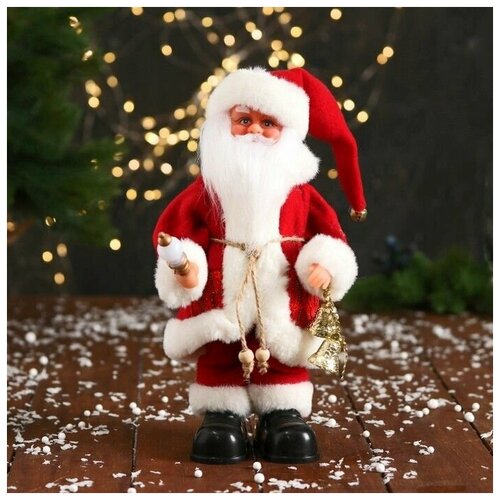 Дед Мороз "С колокольчиками и с фонариком на посохе" 30 см, двигается, красно-белый