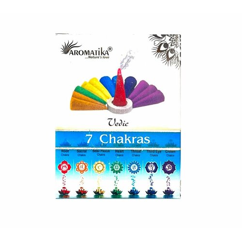 Vedic 7 CHAKRAS Natural Masala Incense Cones, Aromatika (Ведик 7 чакр, натуральные конусные благовония, Ароматика), уп. 10 конусов.