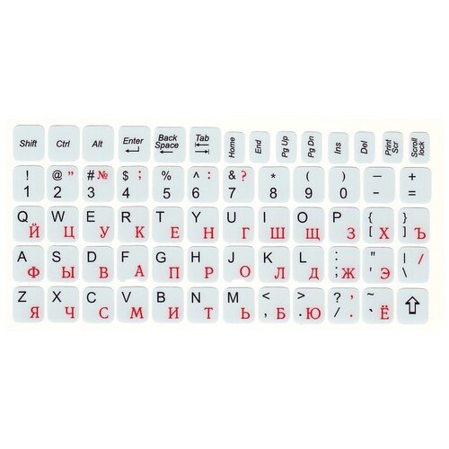 Наклейки на клавиатуру нестираемые, матовые, рус/лат, 11х13 мм, 126 симв, светло-серый фон, русские буквы красные