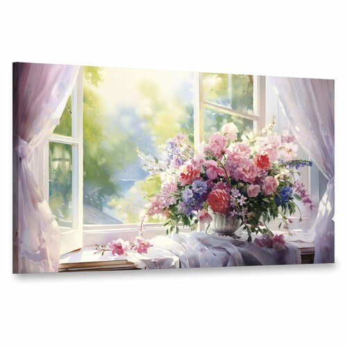 Интерьерная картина 100х60 "Весенний букет в окне"