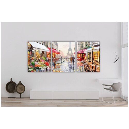 Комплект картин на дереве для интерьера "Парижская улочка" 90*40см триптих