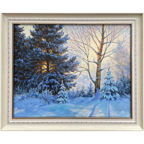 Картина маслом, зимний пейзаж "Вечер в лесу"