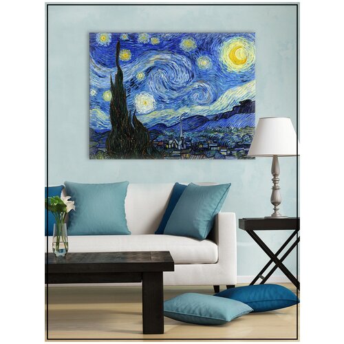 Картина для интерьера на натуральном хлопковом холсте "Ван Гог Звёздная Ночь", 55*77см, холст на подрамнике, картина в подарок для дома