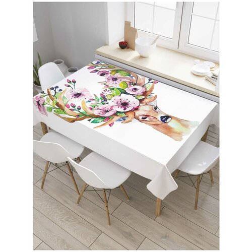 Скатерть прямоугольная JoyArty на кухонный стол "Олень с цветами в рогах" из оксфорда, 180x145 см