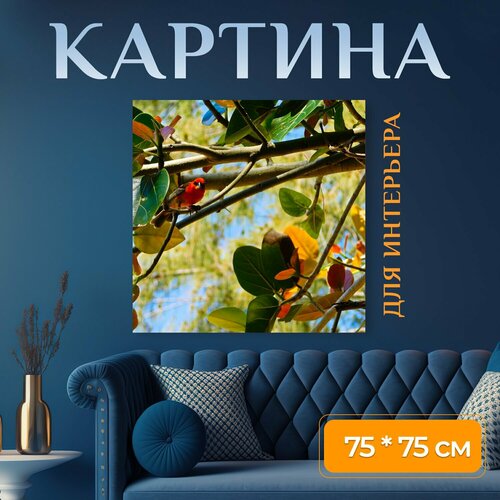 Картина на холсте "Красная птица, листья, природа" на подрамнике 75х75 см. для интерьера