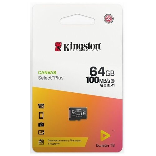 Карта памяти Kingston Canvas Select Plus microSDHC UHS-I Class 10 64GB + подписка билайн тв на 2 месяца