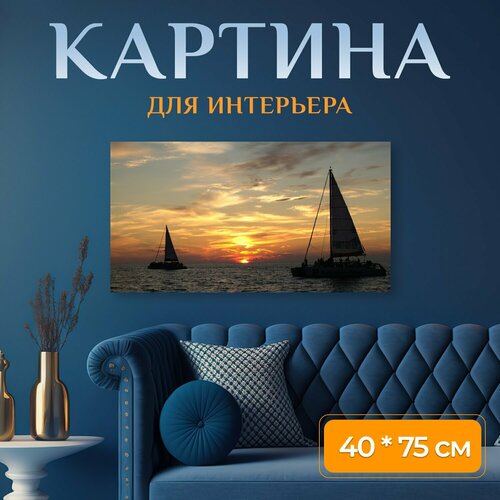 Картина на холсте "Парусное судно, лодка, заход солнца" на подрамнике 75х40 см. для интерьера