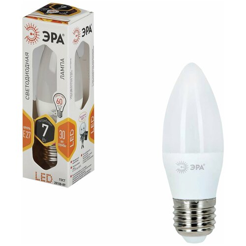 Лампа светодиодная Эра 7, 60 Вт, цоколь E27, "свеча", теплый белый свет, 30000 ч