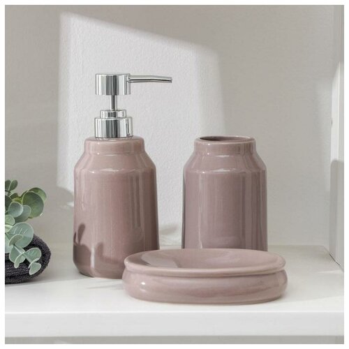 Набор аксессуаров для ванной комнаты Доляна "Глянец", 3 предмета (мыльница, дозатор для мыла 350 мл, стакан), цвет кофейный