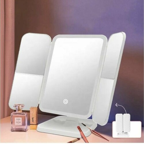 Настольное косметическое зеркало со складным механизмом, подсветкой и увеличивающим эффектом для макияжа. белое.