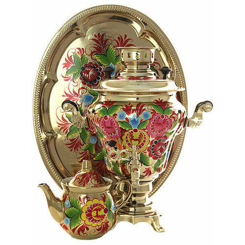 Набор самовар электрический 3 л с росписью "Цветы на золотом" с автоматическим отключением при закипании, арт. 157853к