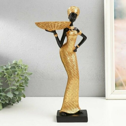 Сувенир полистоун подставка "Африканка с плетеной корзиной" золото 33х16,5х10 см