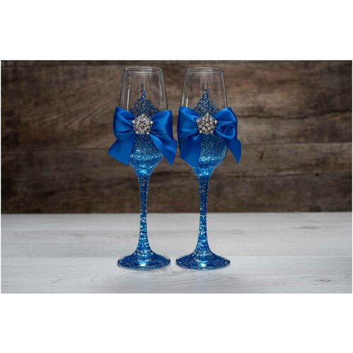 Свадебные бокалы "Бант" для жениха и невесты, в синем цвете