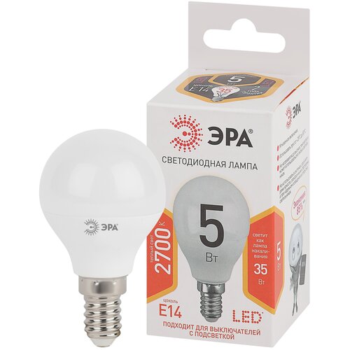 ЭРА Лампа светодиодная ЭРА E14 5W 2700K матовая LED P45-5W-827-E14 Б0028485