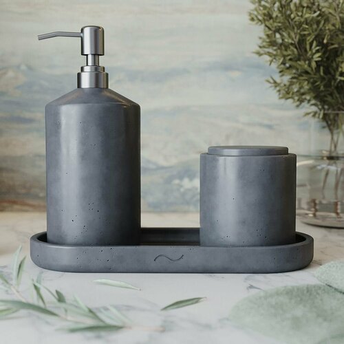 Набор для ванной Astrid 01 (дозатор для ванной с насадкой металлик 0,4 л, поднос S, контейнер S с бетонной крышкой), бетон, графит глянцевый