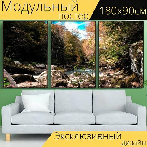 Модульный постер "Ручей, лес, горные породы" 180 x 90 см. для интерьера
