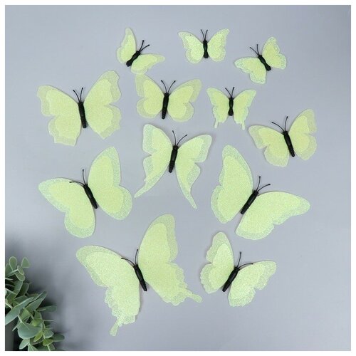 Магнит пластик Бабочки двойные крылья - блеск светло-зелeный набор 12 шт