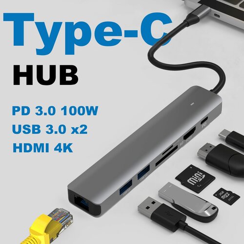 USB hub концентратор. Док-станция USB-C. Card reader для ноутбука, ПК, телефона, macbook, компьютера. Разветвитель портов Хаб type-c PD3.0 100W, ethernet HDTV SD/TF LAN HDMI USB 3.0x2