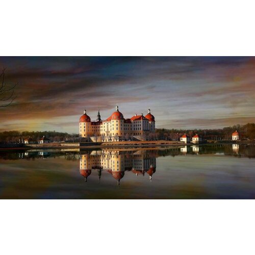 Картина на холсте 60x110 LinxOne "Вечер замок Германия пруд" интерьерная для дома / на стену / на кухню / с подрамником