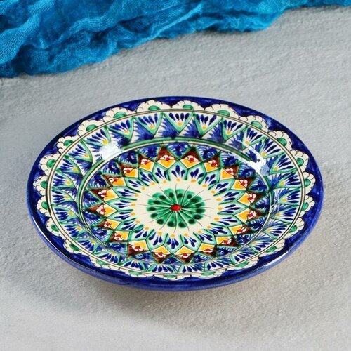 Шафран Тарелка Риштанская Керамика "Цветы", синяя, плоская, 17 см, микс