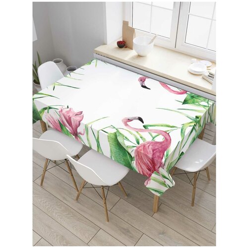 Скатерть прямоугольная JoyArty на кухонный стол "Фламинго в окружении тропиков" из оксфорда, 120x145 см