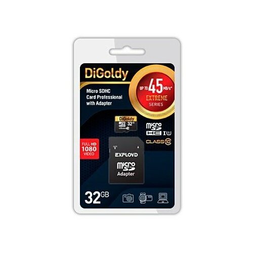 Карта памяти 32Gb - DiGoldy Micro Secure Digital HC Class 10 UHS-I Extreme DG032GCSDHC10UHS-1-ElU1 с переходником под SD