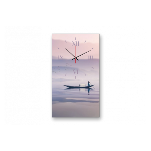 Часы настенные на стекле | Diva Kartina | Природа. Одинокая лодка на озере | 40X70 см | Немецкий механизм