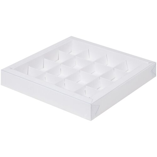 Упаковка для конфет 16 ячеек Белая с прозрачной крышкой Рамка 20х3 см.