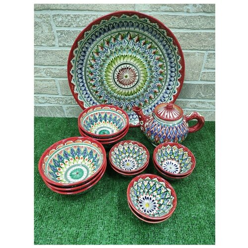 Набор столовой посуды/Узбекская посуда на 6 персон, 14 предметов г. Узбекистан (цвет-красный)
