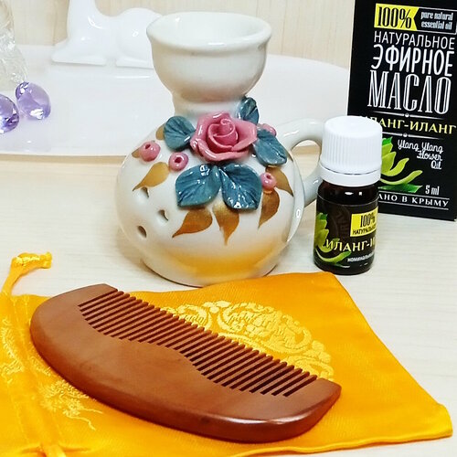 Набор для ароматерапии уход за волосами с эфирным маслом Иланг-Илинг, гребнем из персикового дерева и аромалампой 75мм