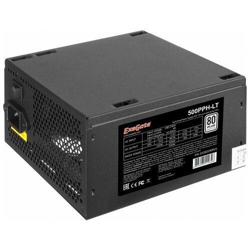 Блок питания 500W ExeGate 500PPH-LT-S, RTL, 80+, ATX, black, APFC, 12cm, 24p, (4+4)p, 5*SATA, 3*IDE, с защитой от выдергивания