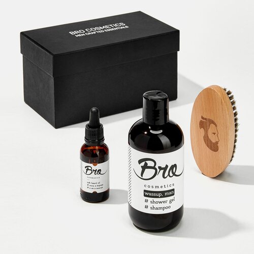 BROCOSMETICS Подарочный набор мужской косметики №2.1 // масло для бороды, sport шампунь-гель для душа, щётка для бороды