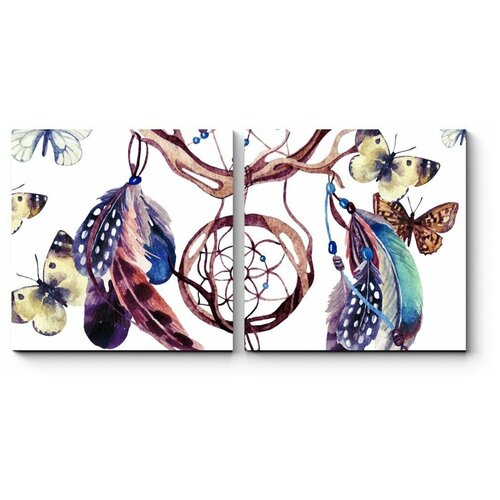 Модульная картина Ловец снов в окружении порхающих бабочек 90x45
