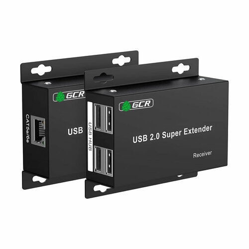 Удлинитель USB 2.0 по витой паре CAT5e/6 на 4 устройства до 50 м приемник+передатчик (GCR-EX20) черный