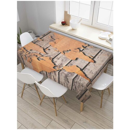 Скатерть прямоугольная JoyArty на кухонный стол "Деревянная карта мира" из оксфорда, 180x145 см