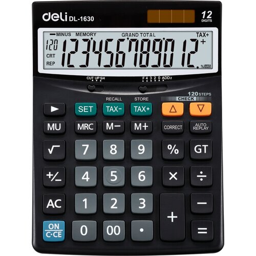 Калькулятор настоль. полнораз. БУХ. Deli E1630,12р, дв. пит, 188x140мм, черный