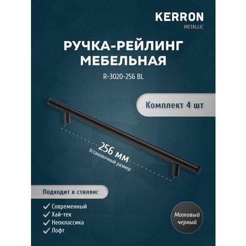 Мебельная ручка-рейлинг KERRON. Комплект из 4 шт. для ящика в шкафу и кухне. Цвет черный матовый, установочный размер 256 мм