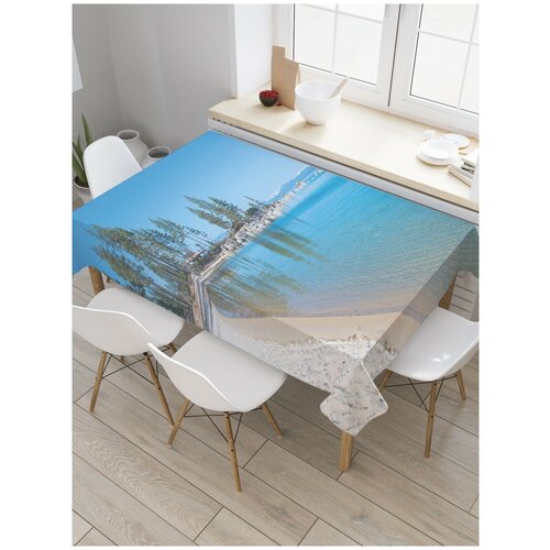 Скатерть прямоугольная JoyArty на кухонный стол "Озеро с пляжем" из оксфорда, 180x145 см