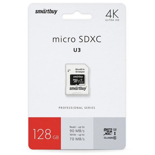 Карта памяти SmartBuy microSDXC 128 ГБ Class 10, UHS Class 3, R/W 90/70 МБ/с, адаптер на SD, 1 шт., черный 2