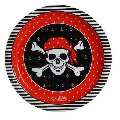 Одноразовая бумажная тарелка пиратская "Пират", красная, 18 см (набор 10 шт)