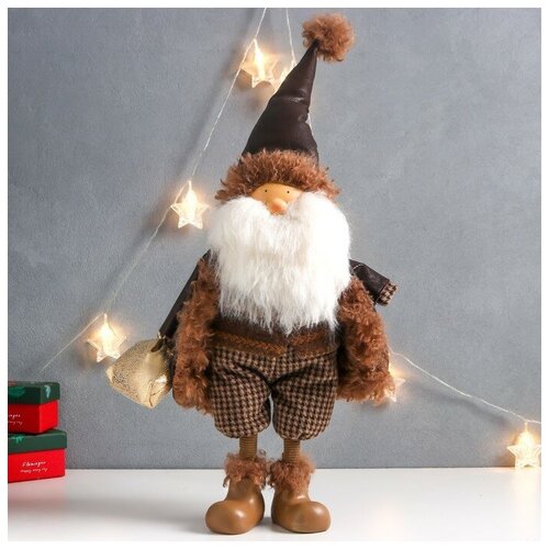 --- Кукла интерьерная "Дед Мороз в коричневой шубке с мешком подарков" 27х14х62 см