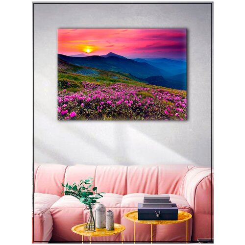 Картина для интерьера на натуральном хлопковом холсте "Полевые цветы в горах", 55*77см, холст на подрамнике, картина в подарок для дома