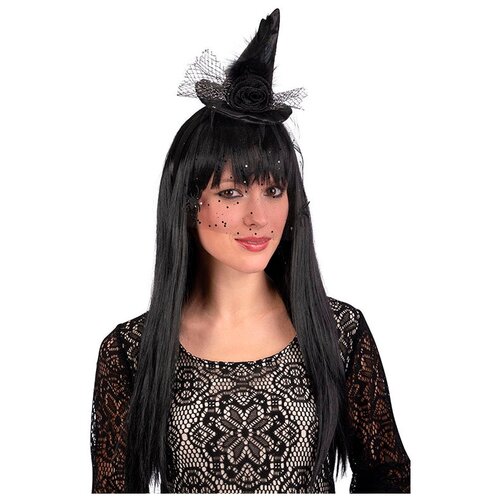 Ободок "Шляпка ведьмы" черная с вуалью и декором, высота 8 см. (Цв: Черный )