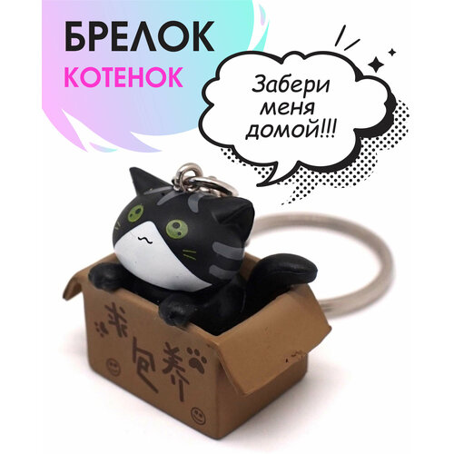 Брелок Брелок "Котенок в коробке" черный, гладкая фактура, черный